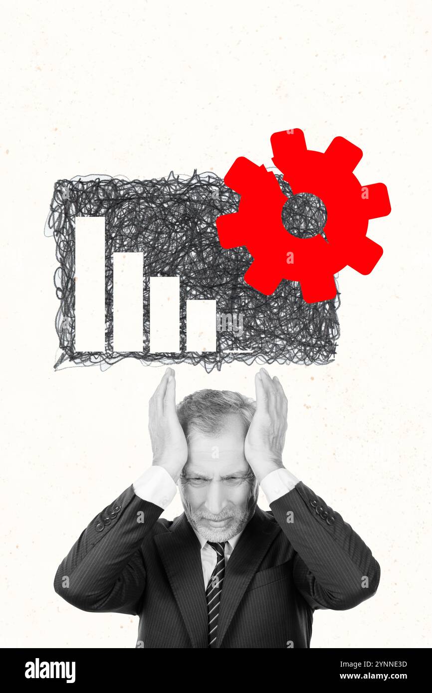 Vertical photo collage of upset businessman hold head chart decline ...