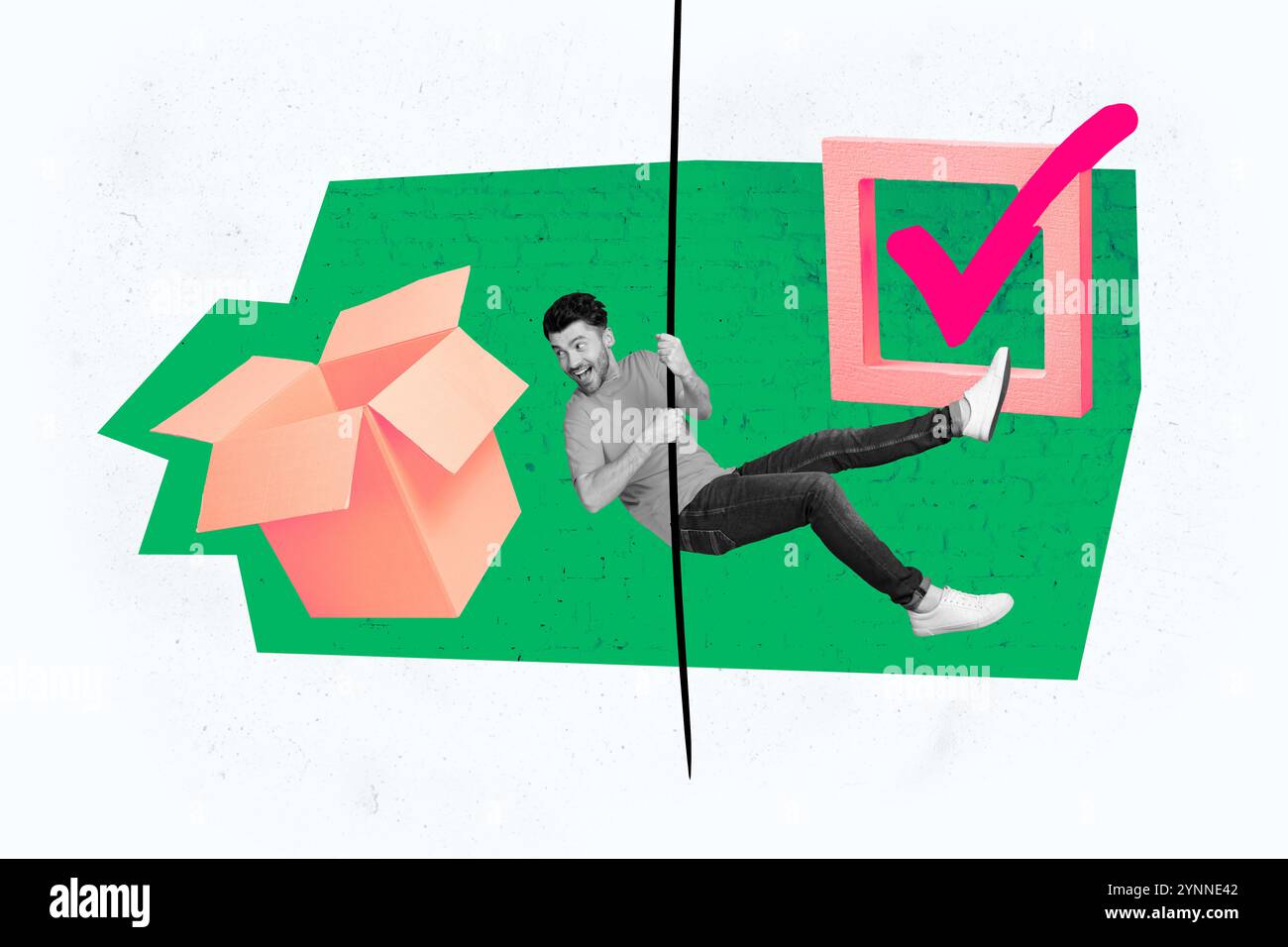 Composite photo collage of happy guy hold rope checkmark sign carton ...