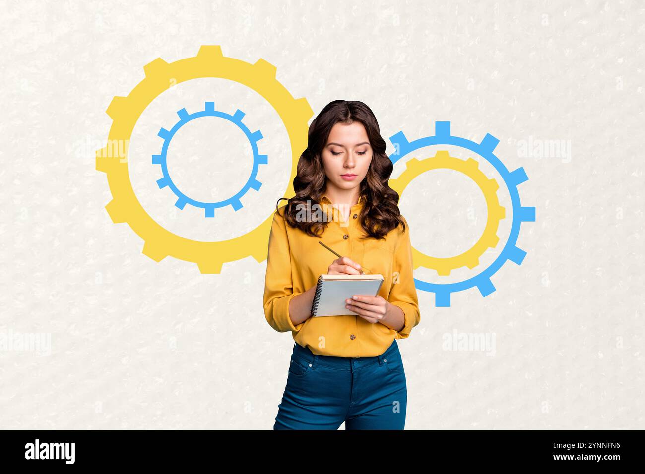 Creative photo collage young diligent employee worker write down copybook textbook cogwheels ...