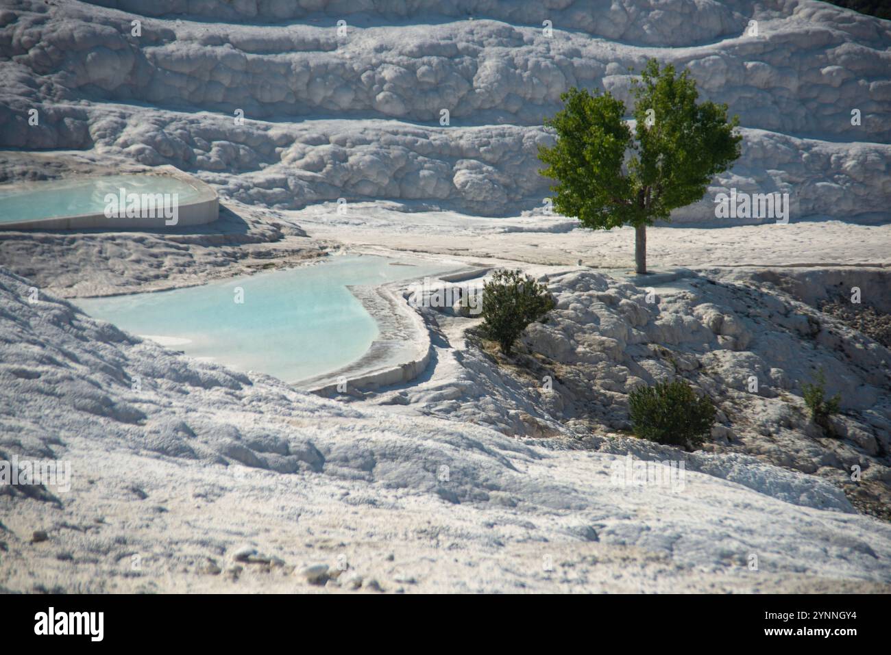 The Travertine terraces of Pamukkale left by flowing thermal spring water, making natural hot ...