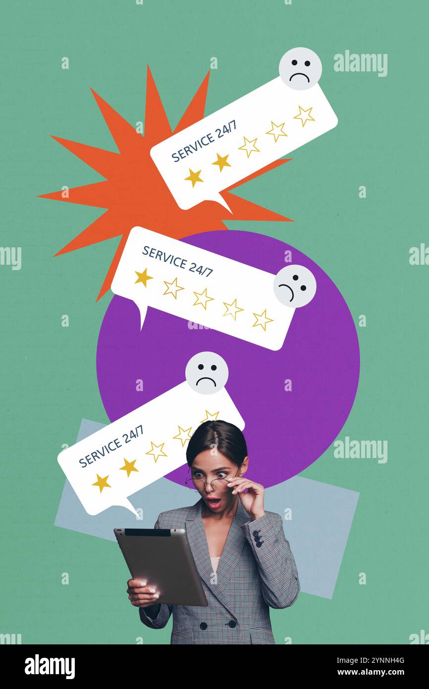 Vertical poster collage young shocked businesswoman tablet device ...