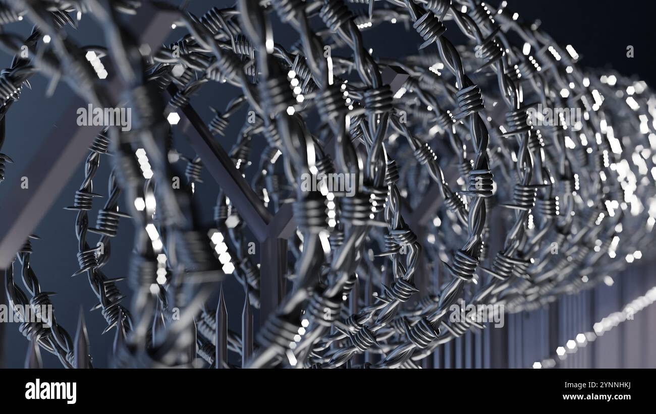 Barbed wire metal fence - close up - 3D illustration - grey background ...