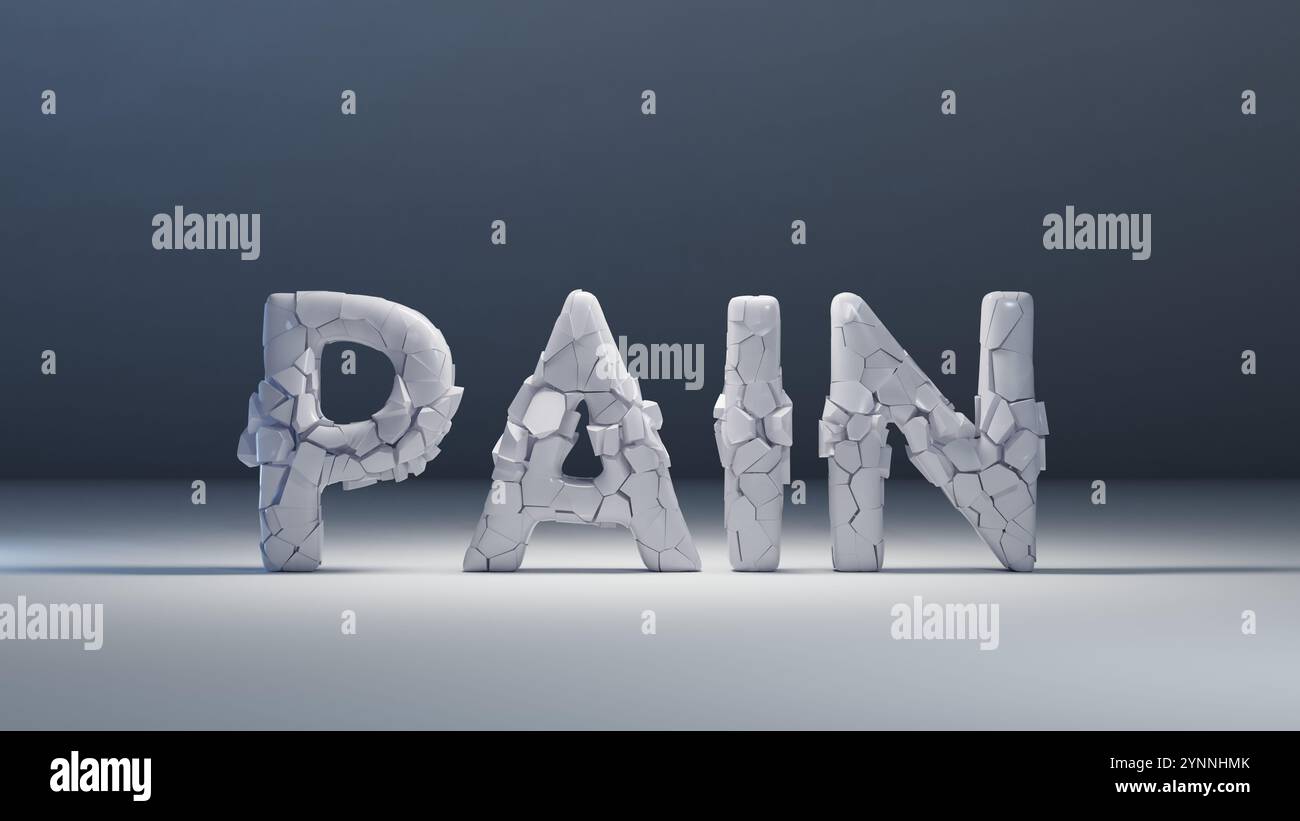 cracked word PAIN - conceptual 3d illustration on dark background Stock ...