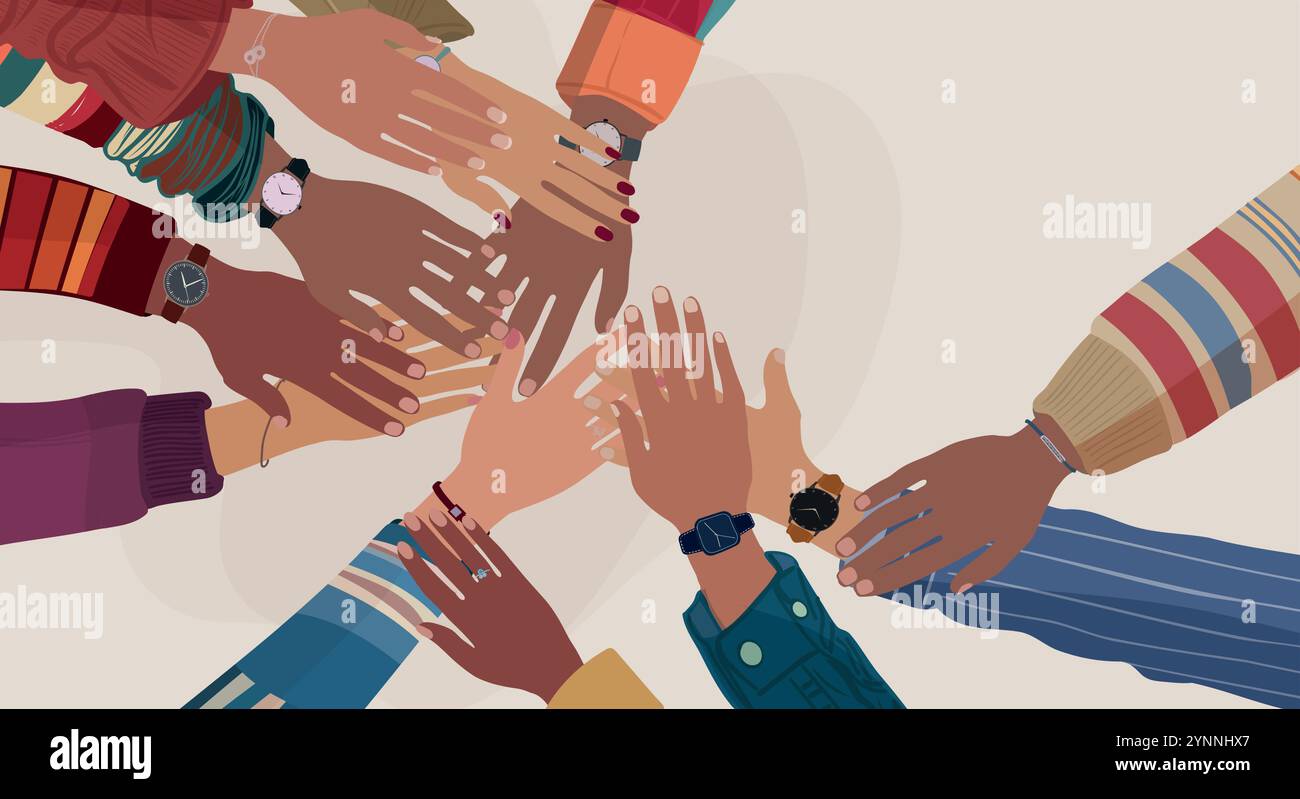 Group hands on top of each other of multicultural people. Community teamwork cooperation or ...