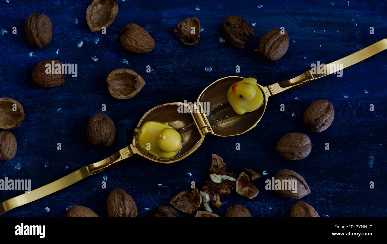 Two rubber ducks in a golden nutcracker. Walnuts and nut shells Stock ...