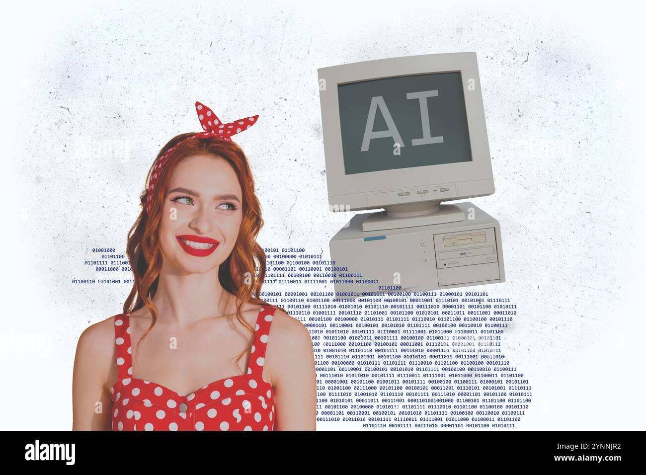 Composite photo collage of happy girl stand computer monitor ai app ...