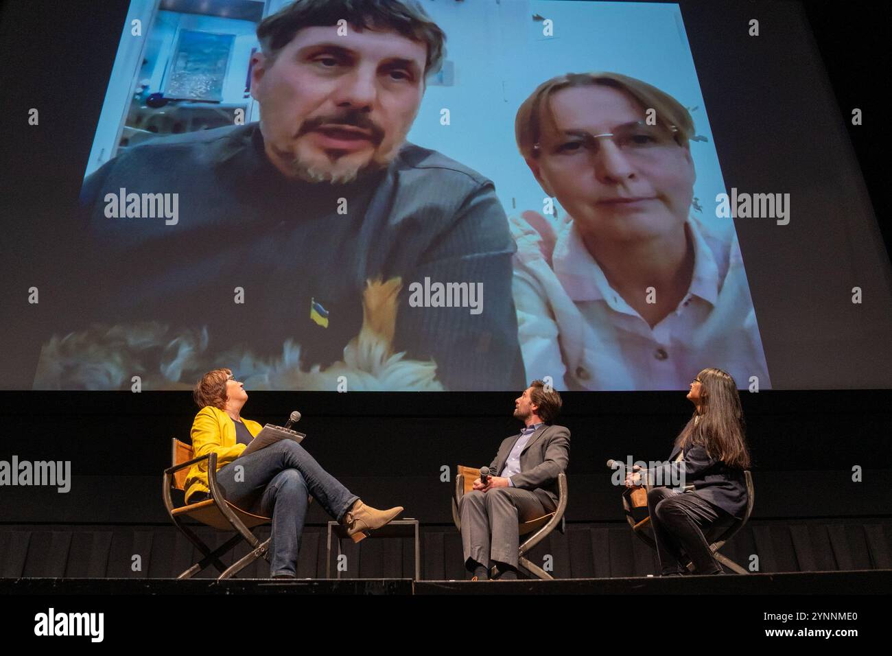 On Screen, Via Zoom (L to R) Slava Leontyev and Anya Stasenko. On Stage (L to R) Co-director/co ...