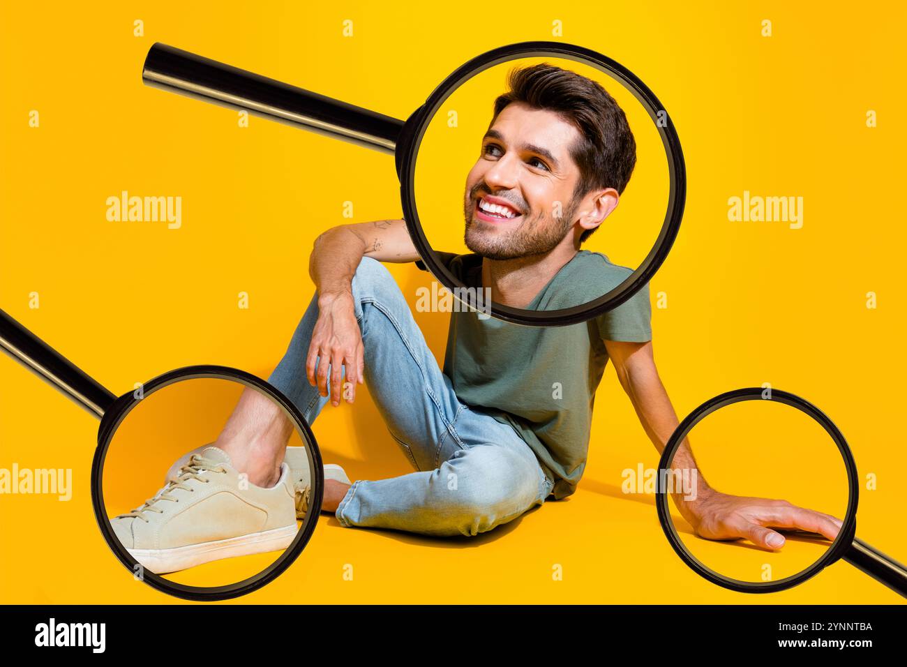 Composite photo collage of happy man zoom head sneakers investigating ...