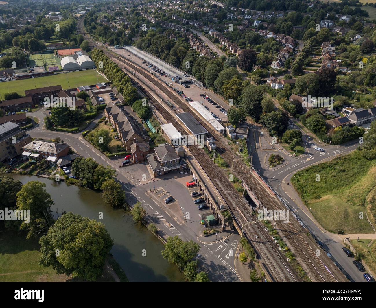 Aerial view of a train passing close to Berkhamsted Station, UK Stock ...
