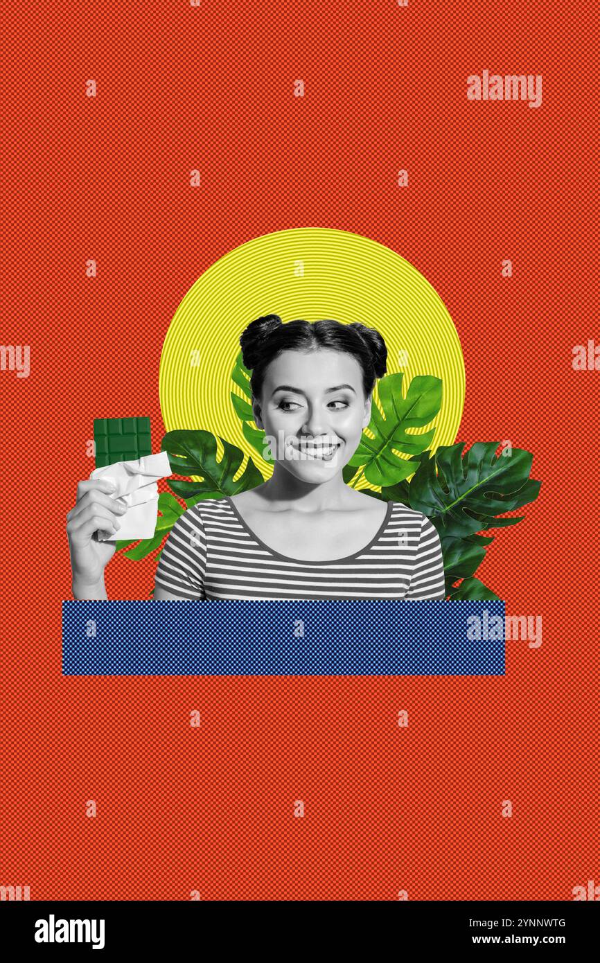 Vertical photo collage of happy girl hold chocolate bar want eat hunger ...