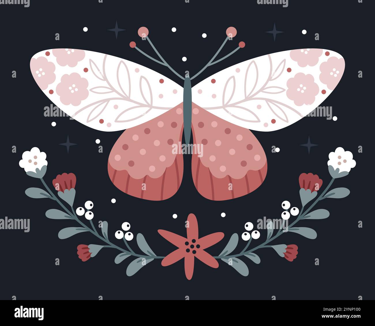 Butterfly or moth with a boho style pattern. Floral wreath. Magical ...