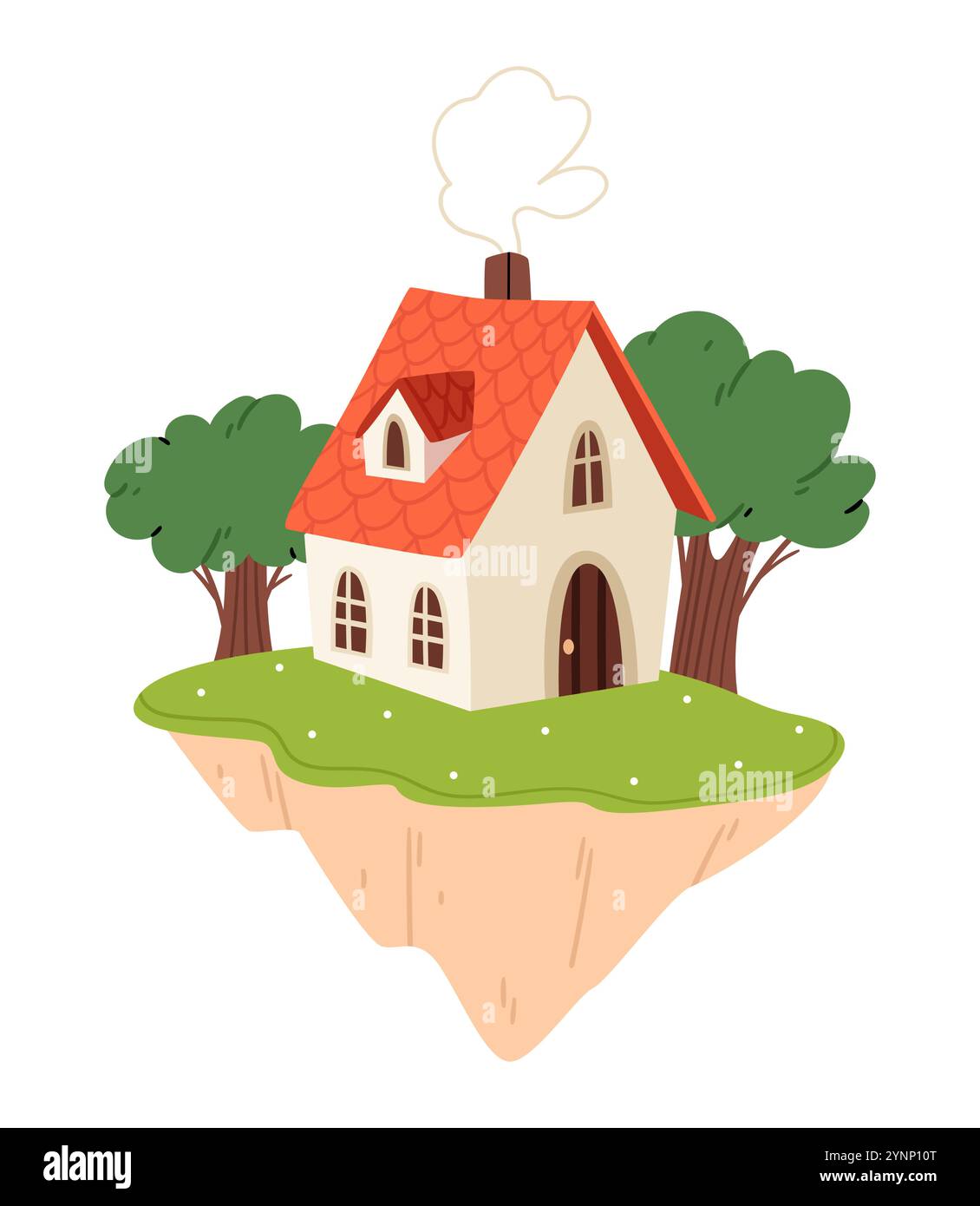 A cute house stands on a small island in the middle of the clouds ...