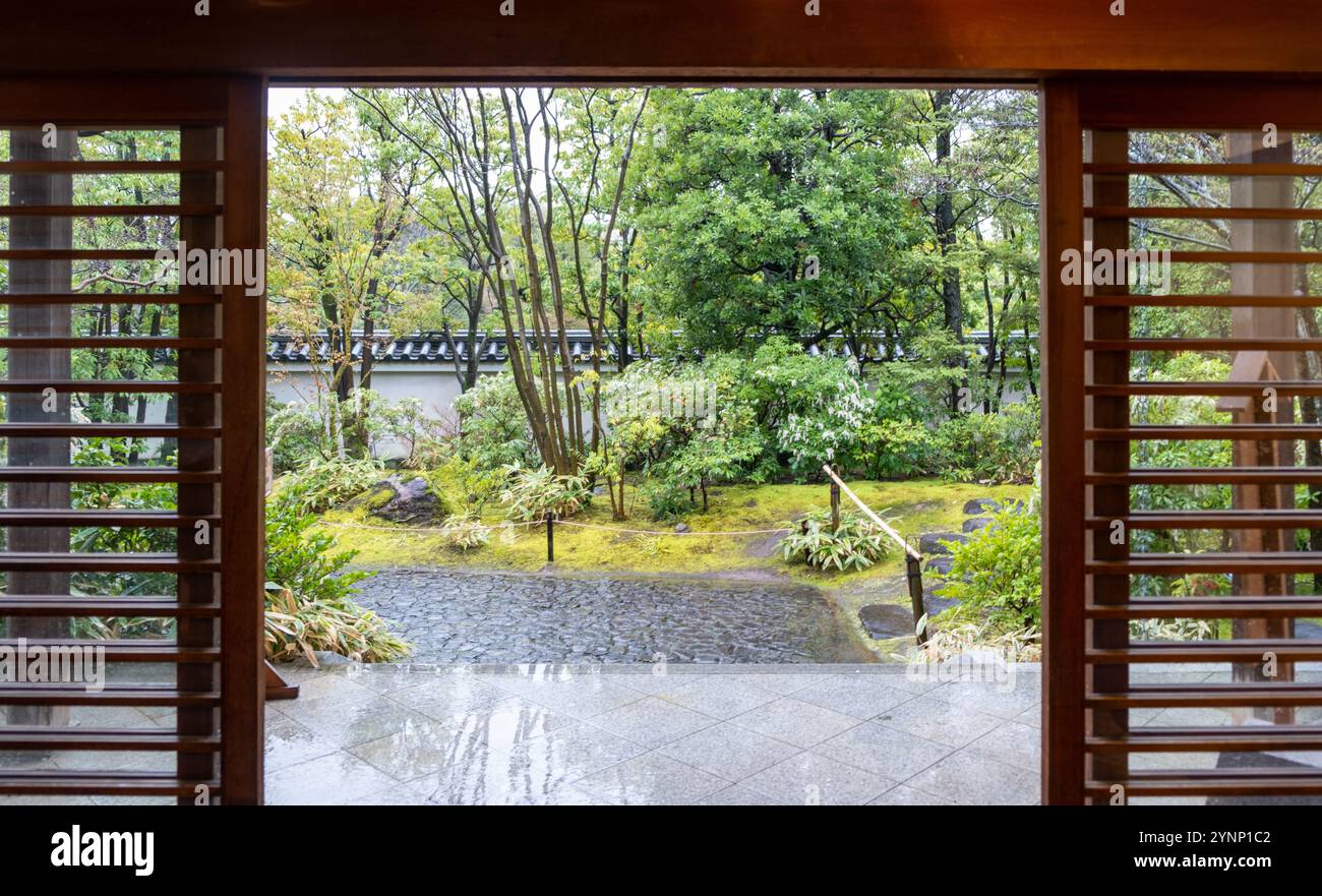 Japanese garden view out of a sliding window, zen architecture, room ...