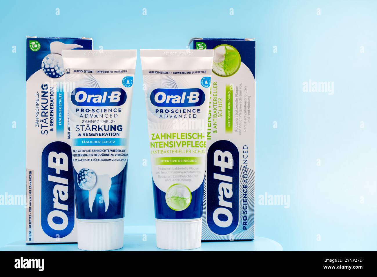 Germany Berlin November 26, 2024 Two tubes of toothpaste, one blue, the ...