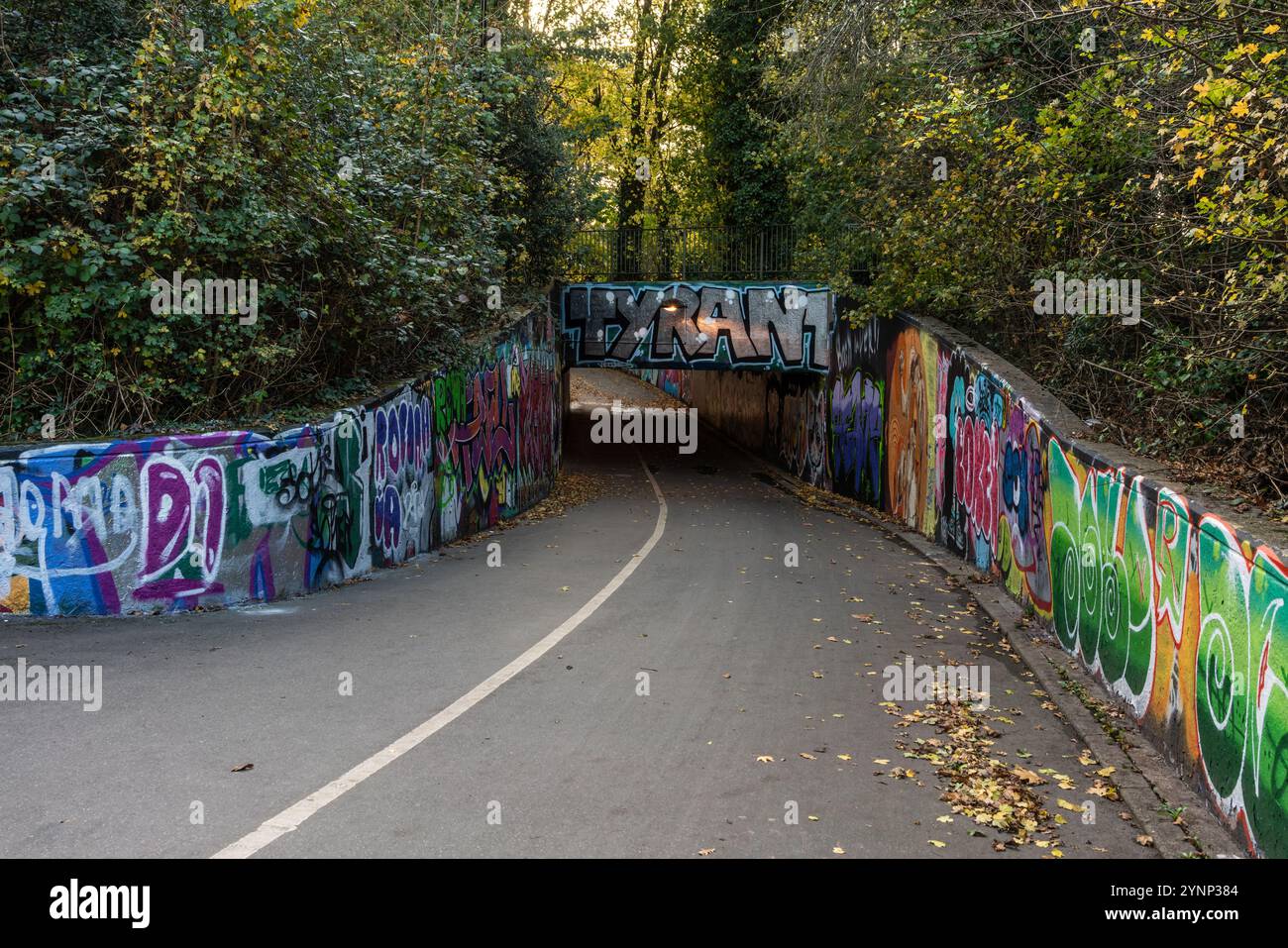 Colourful graffiti art on the walls along the path under the Avenue ...