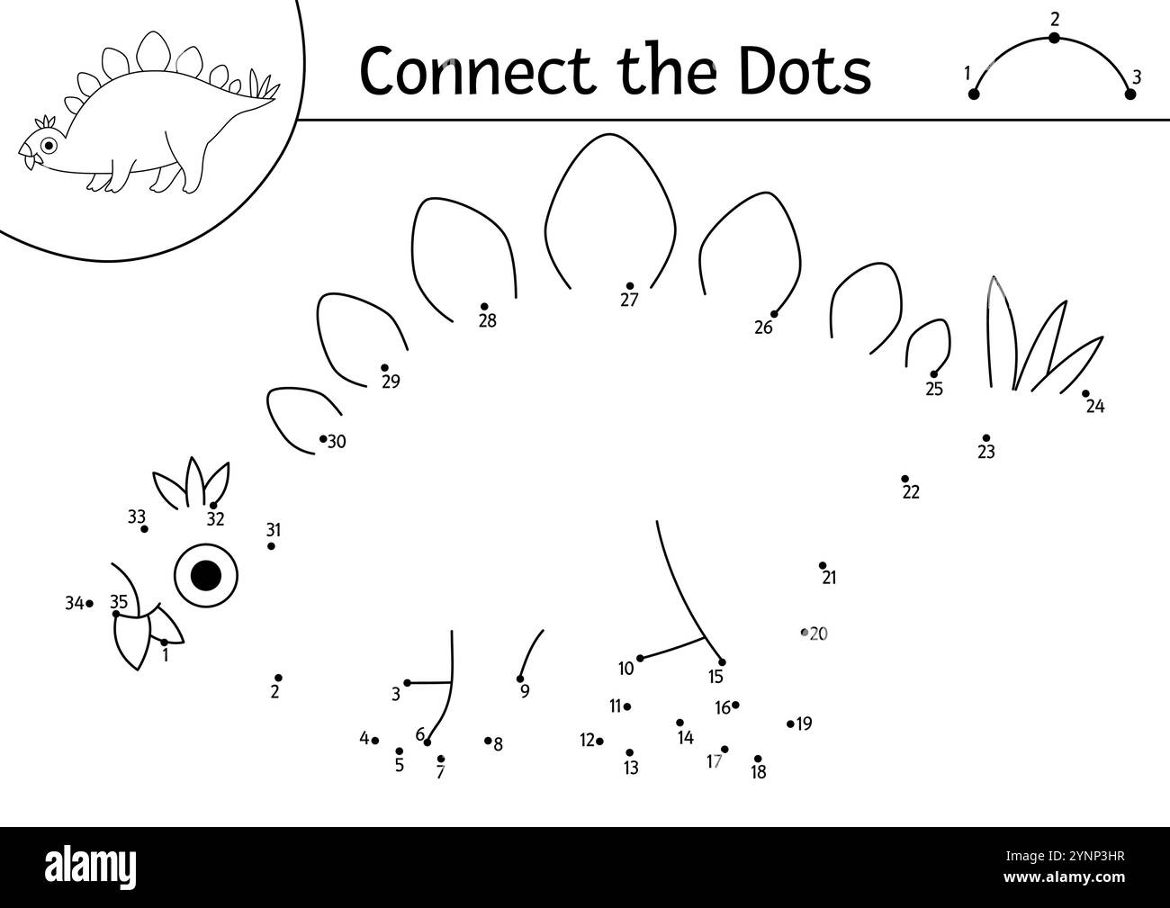 Vector black and white dot-to-dot and color activity with stegosaur ...