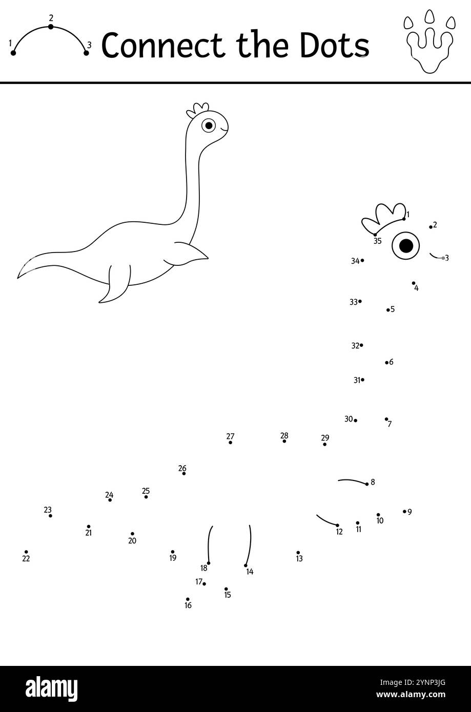 Vector black and white dot-to-dot and color activity with plesiosaur ...