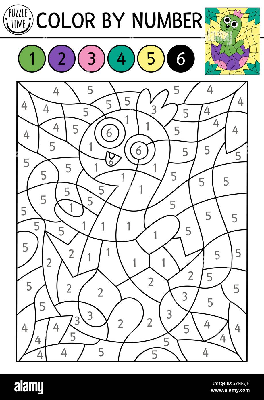 Vector dinosaur color by number activity with hatching brachiosaur, egg ...