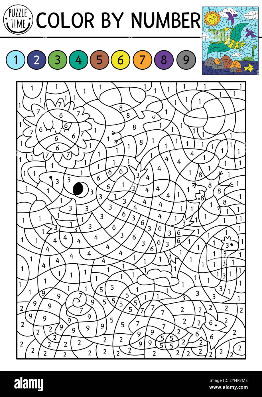 Vector dinosaur color by number activity with flying pterodactyl ...