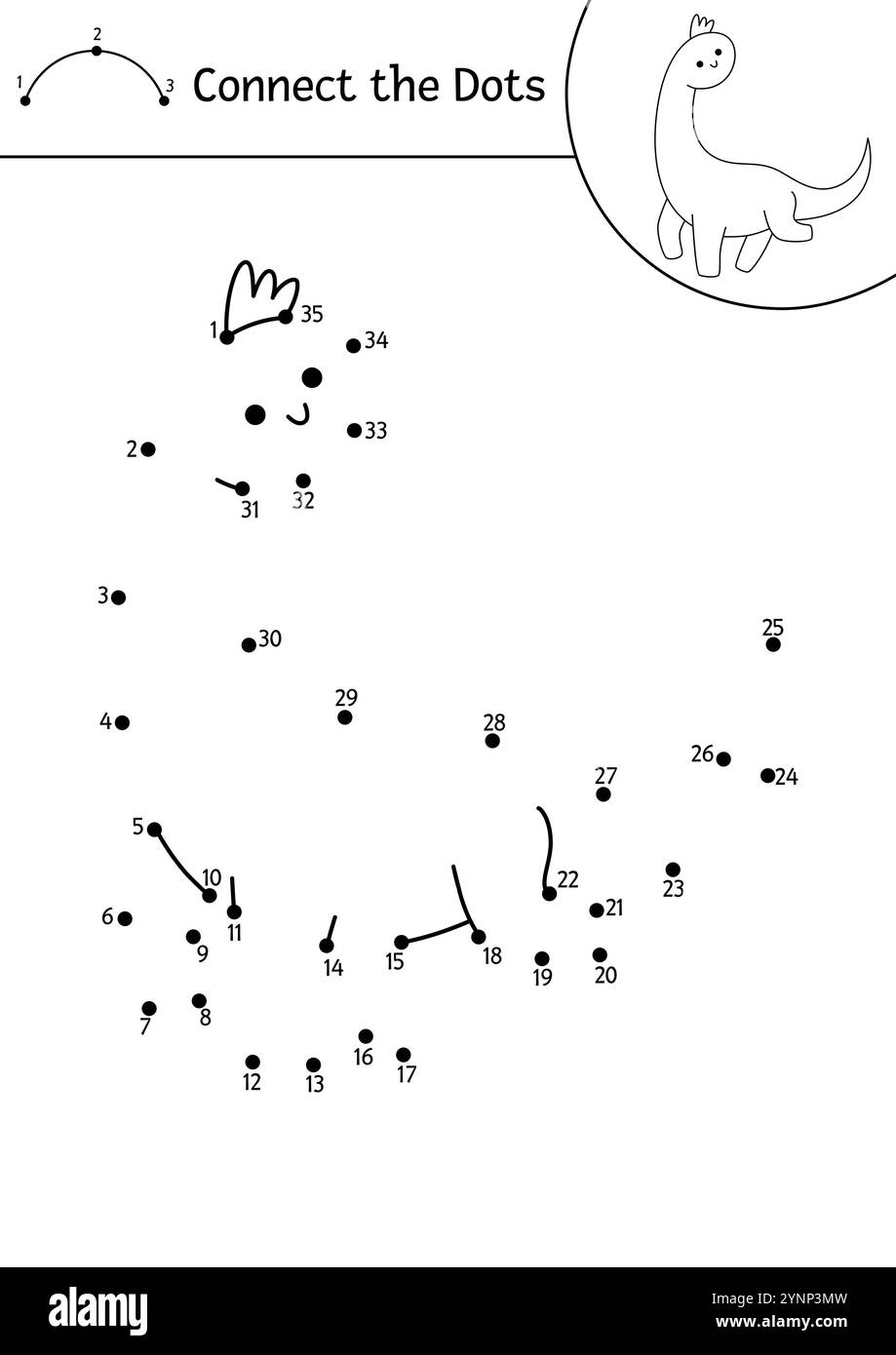 Vector black and white dot-to-dot and color activity with brachiosaur ...