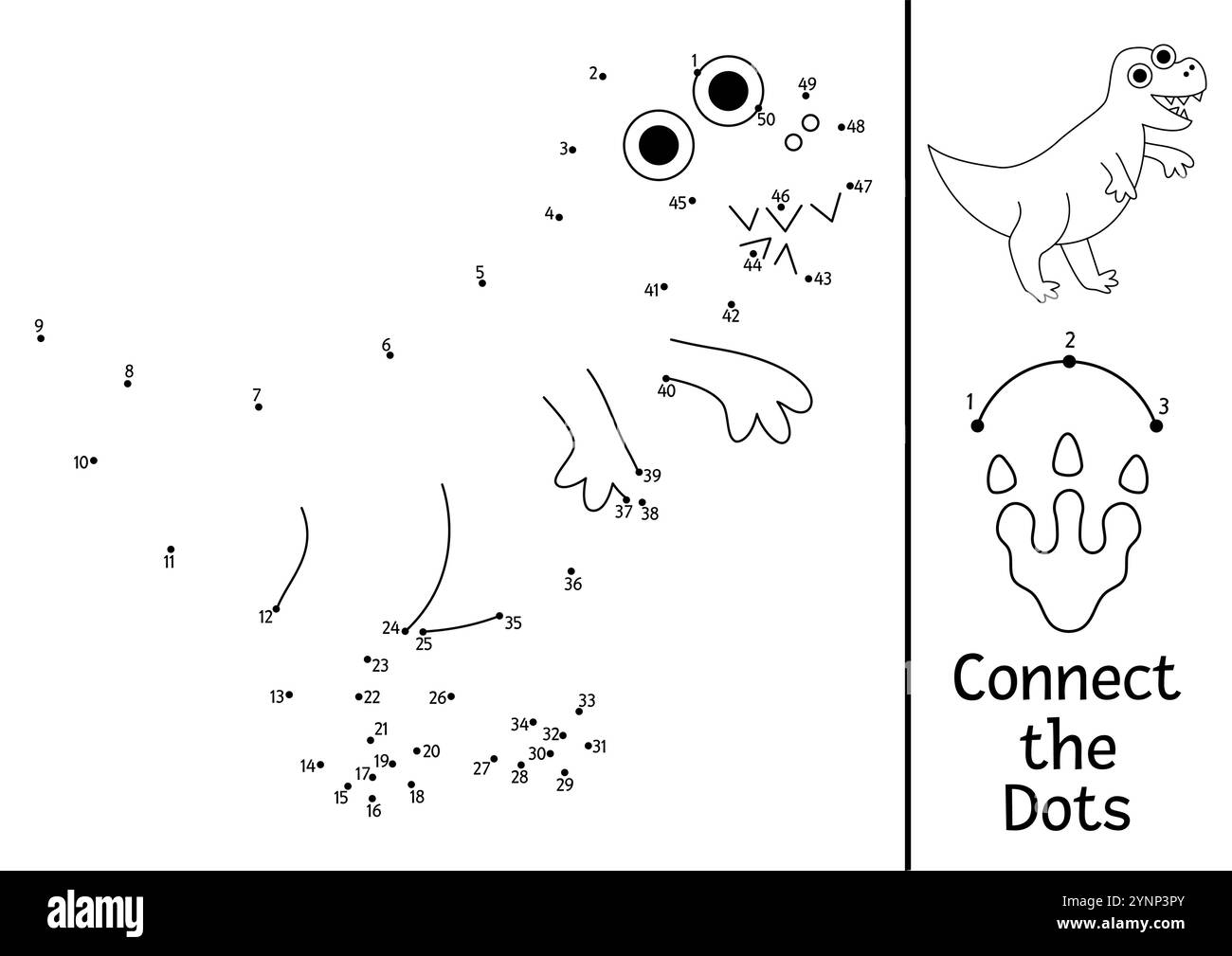 Vector black and white dot-to-dot and color activity with tyrannosaur ...