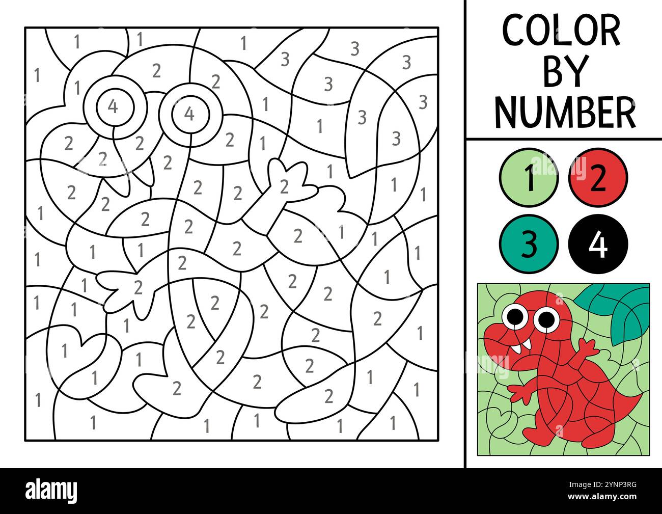 Vector dinosaur color by number activity with little baby tyrannosaur ...