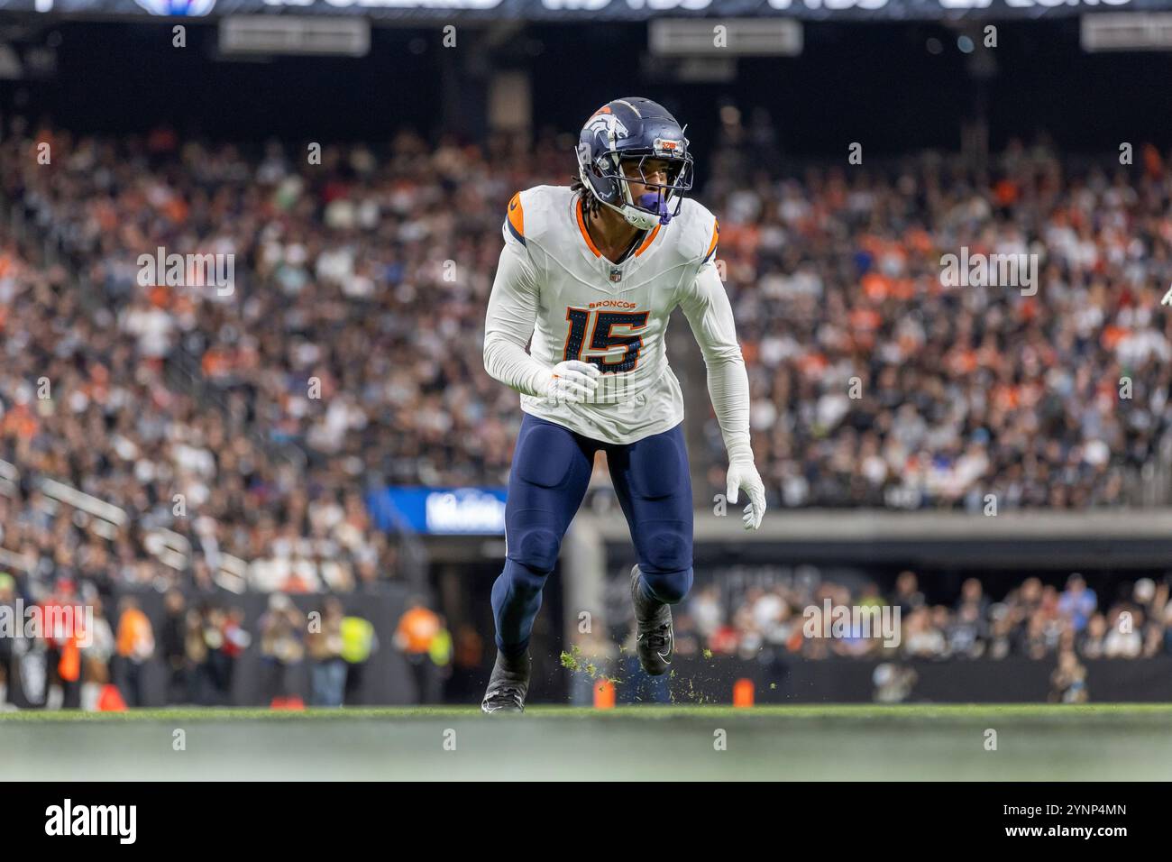 Denver Broncos linebacker Nik Bonitto (15) against the Las Vegas ...