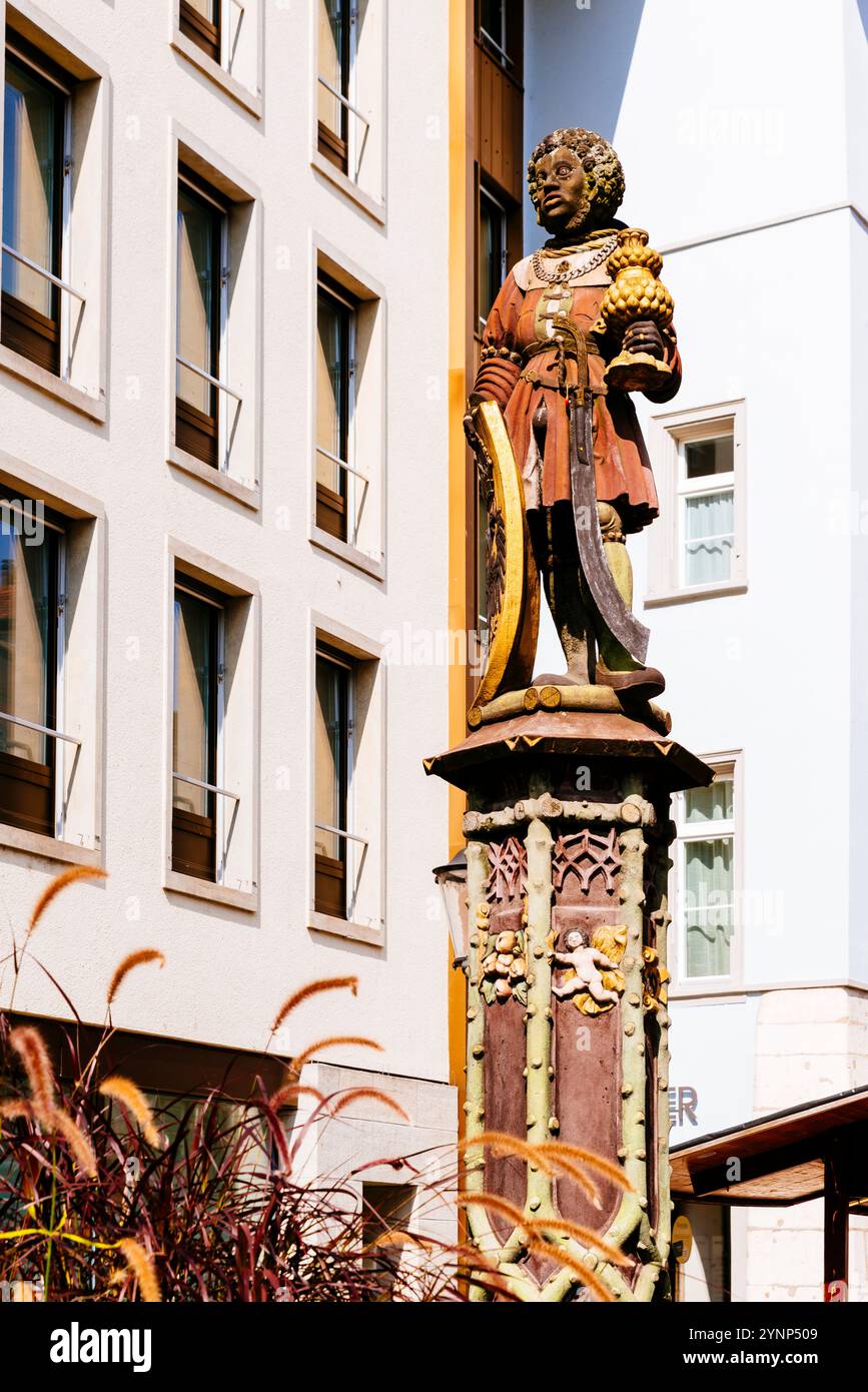 Mohrenbrunnen, the fountain statue, located on the Fronwagplatz square ...