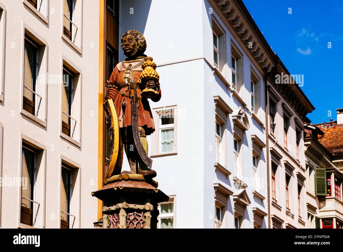 Mohrenbrunnen, the fountain statue, located on the Fronwagplatz square ...