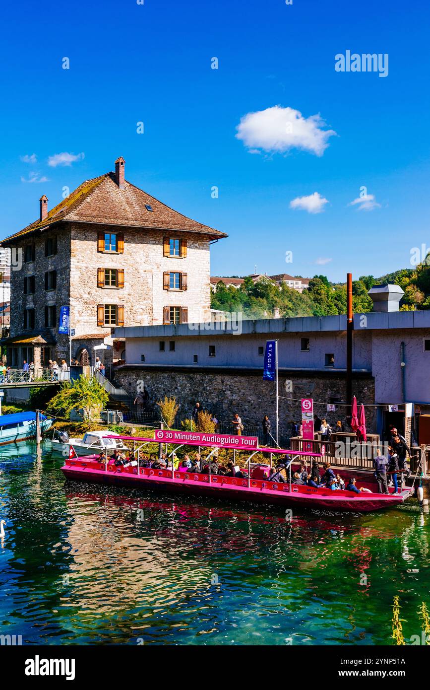 Tour Boat, for tourists, docked next to Wörth Castle. Rhine Falls is a ...