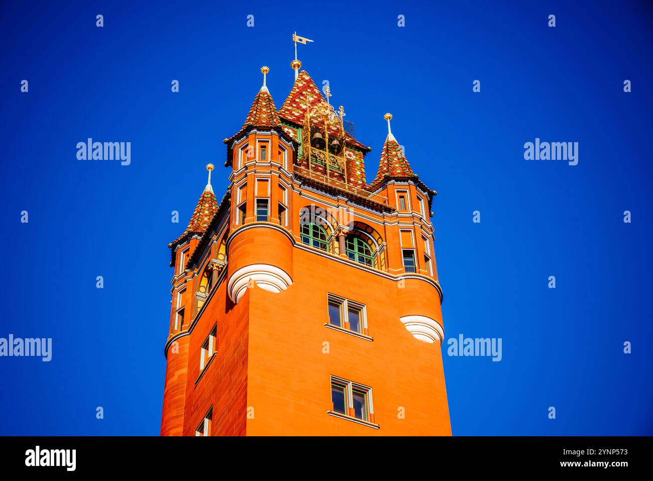 Detail of tower. The Basel Town Hall is a 500-year-old building ...