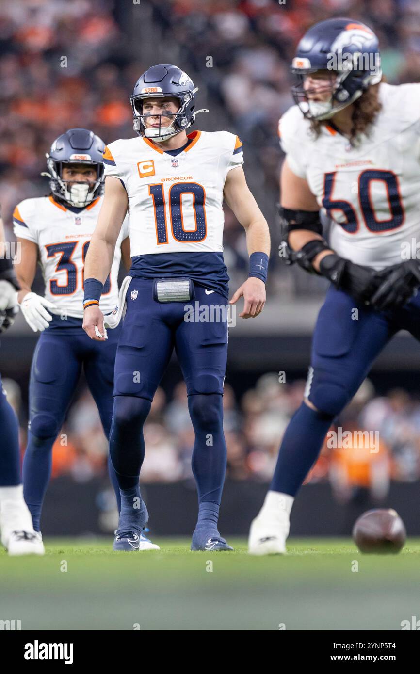 Denver Broncos quarterback Bo Nix (10) lines up against the Las Vegas ...