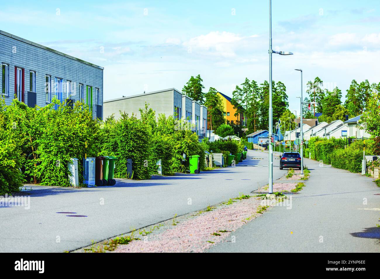 Suburban residential street with modern homes, green hedges and ...