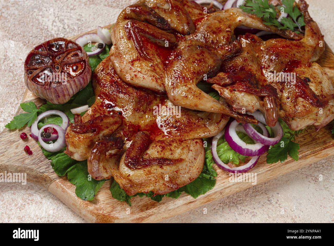 Fried, quail meat, tobacco (tapaka), with spices, homemade, no people ...