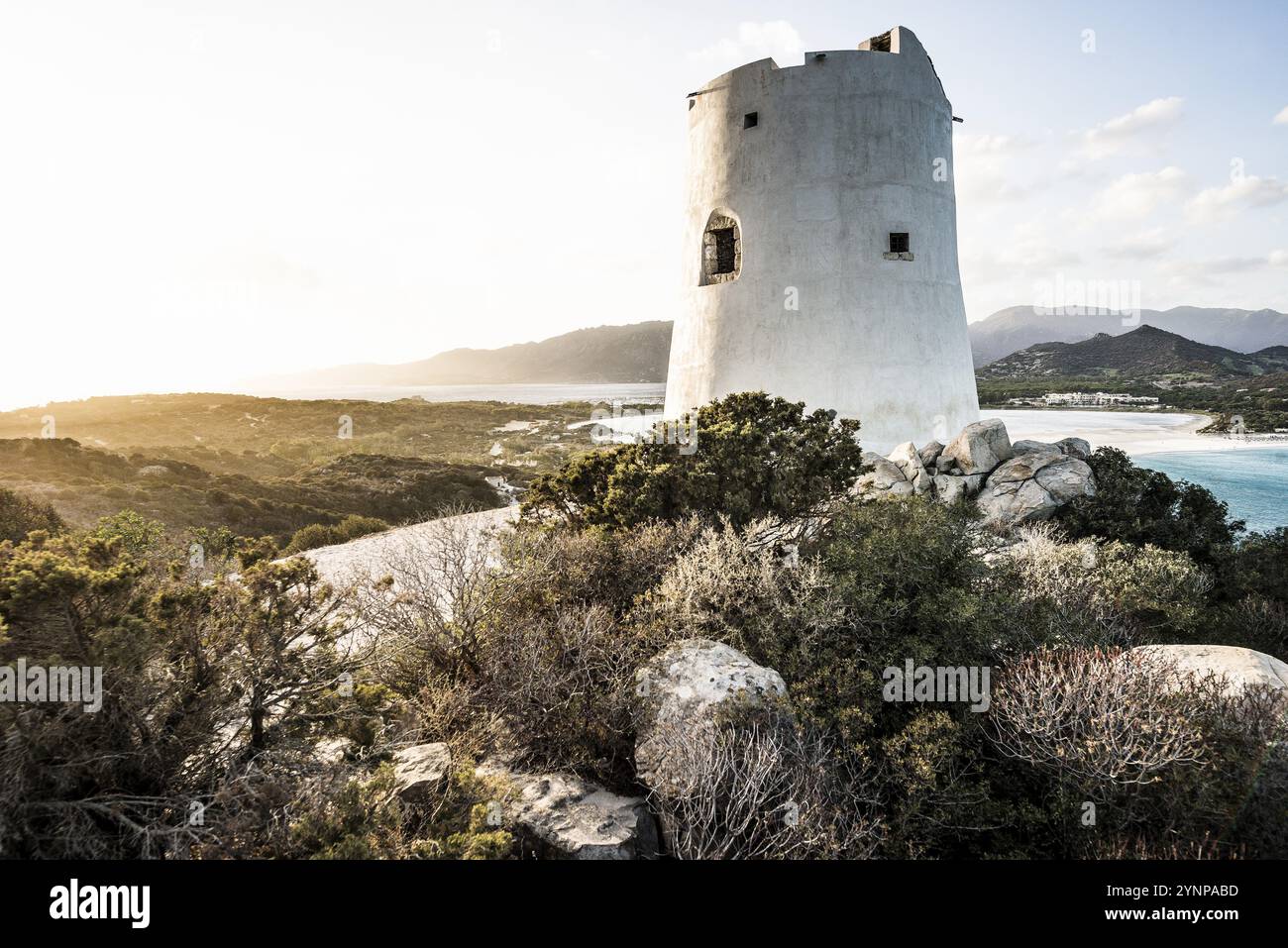 Panorama, Saracen tower and beach, sunset, Torre di Porto Giunco ...