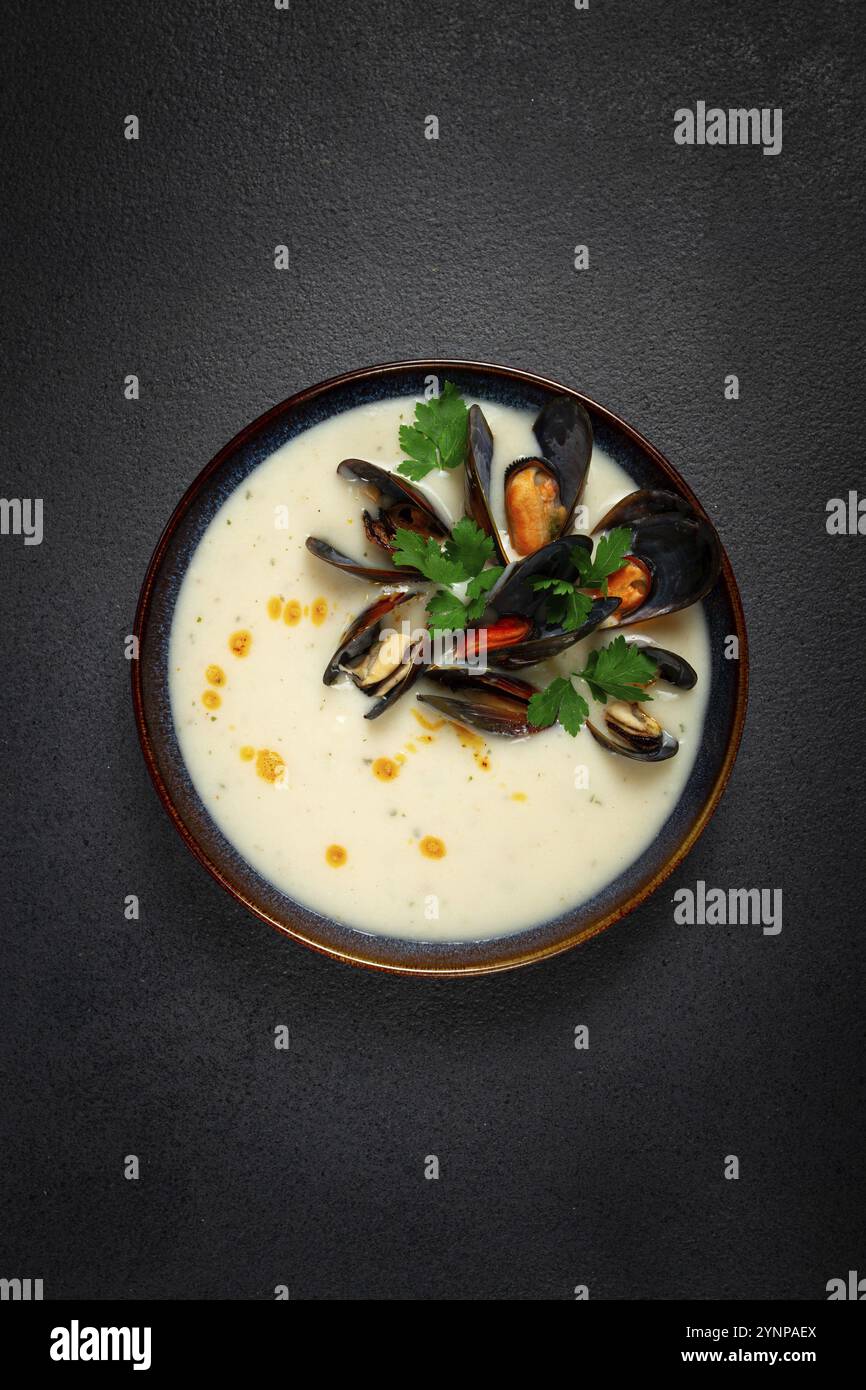 Chowder cream soup with mussels, American cuisine, homemade, no people ...