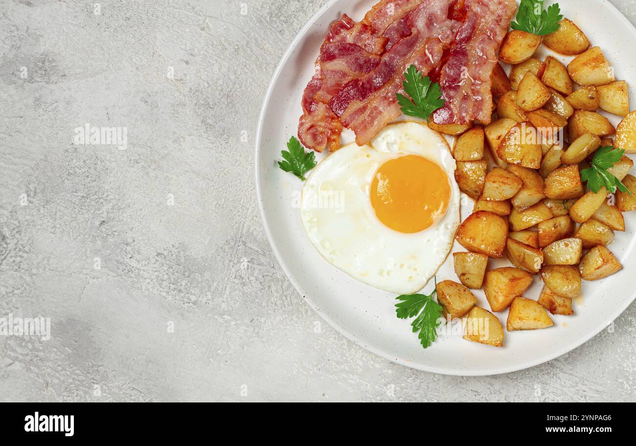 Polish breakfast, fried potatoes, with egg and bacon, homemade, no ...