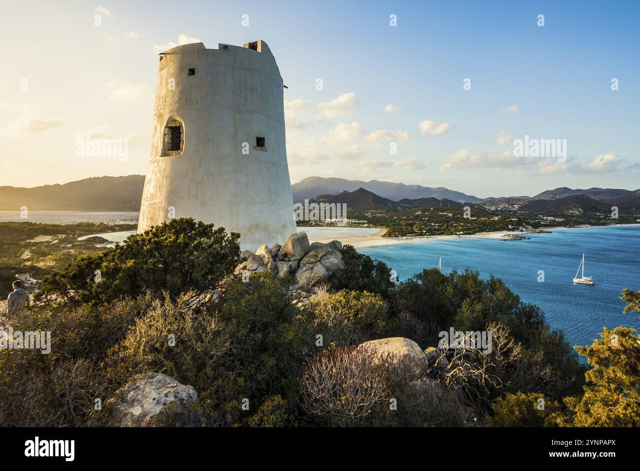 Panorama, Saracen tower and beach, sunset, Torre di Porto Giunco ...