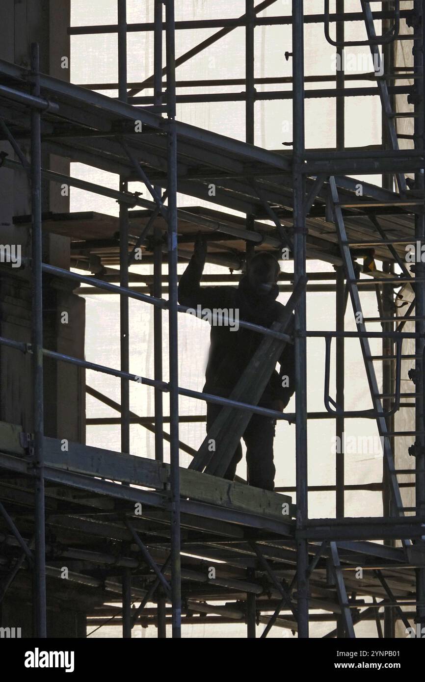 Scaffolders erecting scaffolding, November, Germany, Europe Stock Photo ...