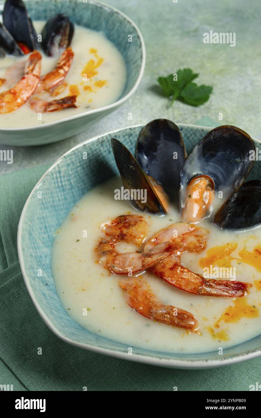 Cream soup, chowder with mussels and shrimp, American cuisine, homemade ...