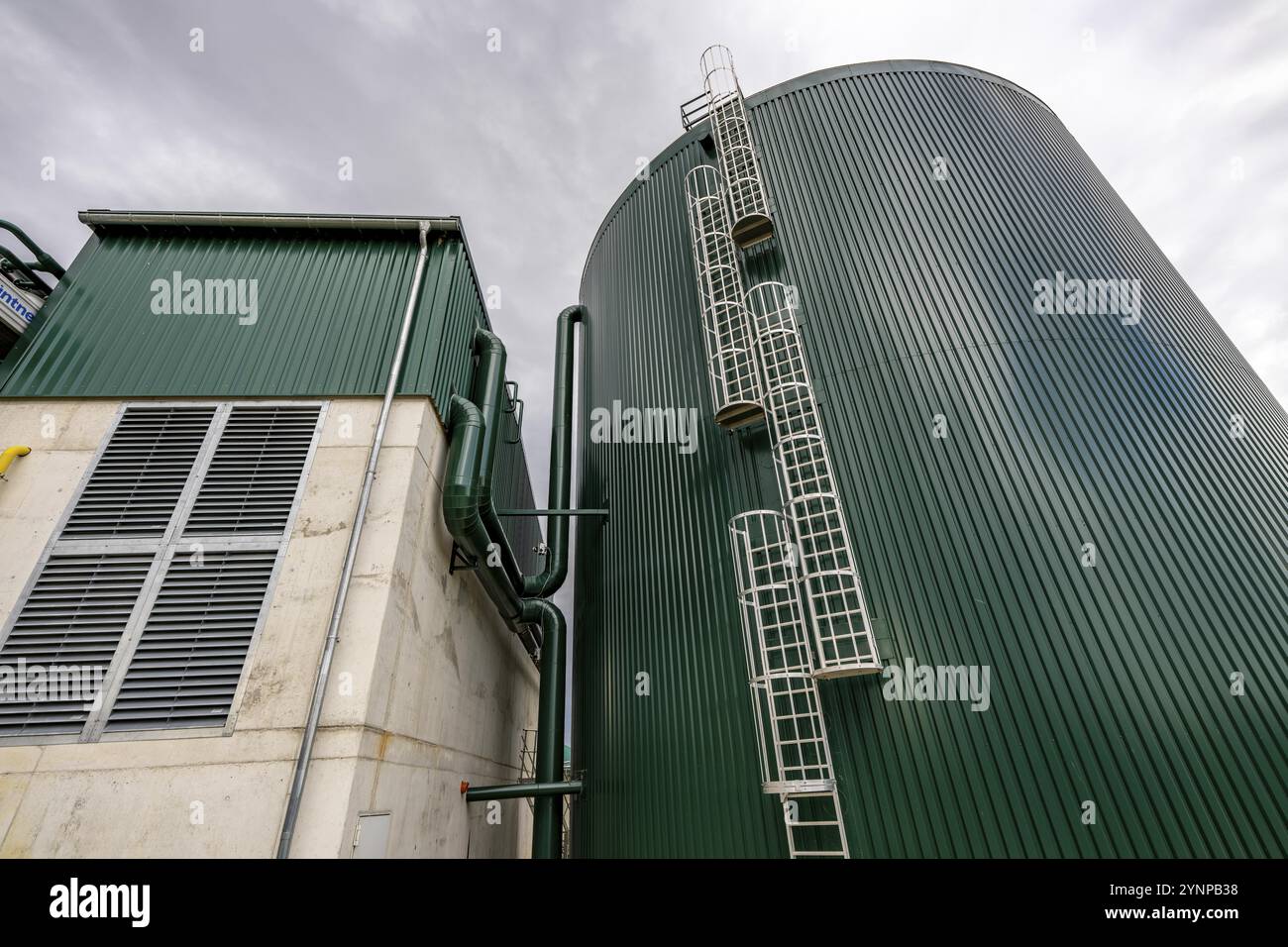 Biogas plant, with hot water storage tank, the gas is produced from ...