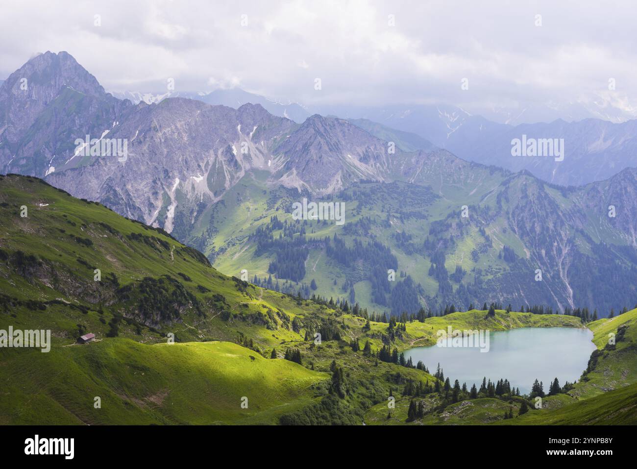Panorama from Zeigersattel to Seealpsee, in the back left Hoefats 2259m, Allgaeu Alps, Allgaeu ...