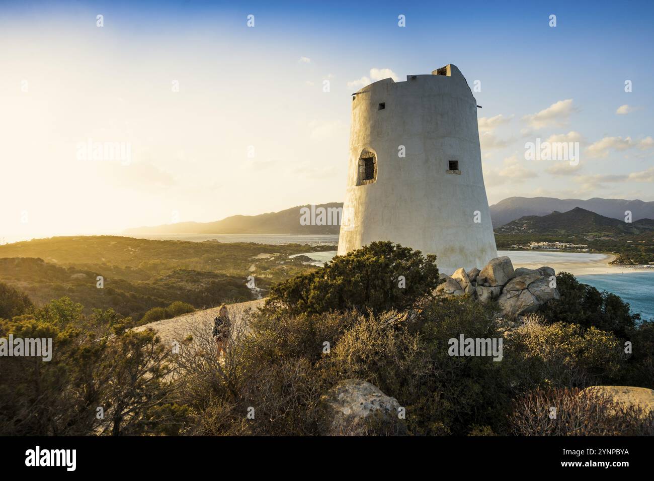 Panorama, Saracen tower and beach, sunset, Torre di Porto Giunco ...