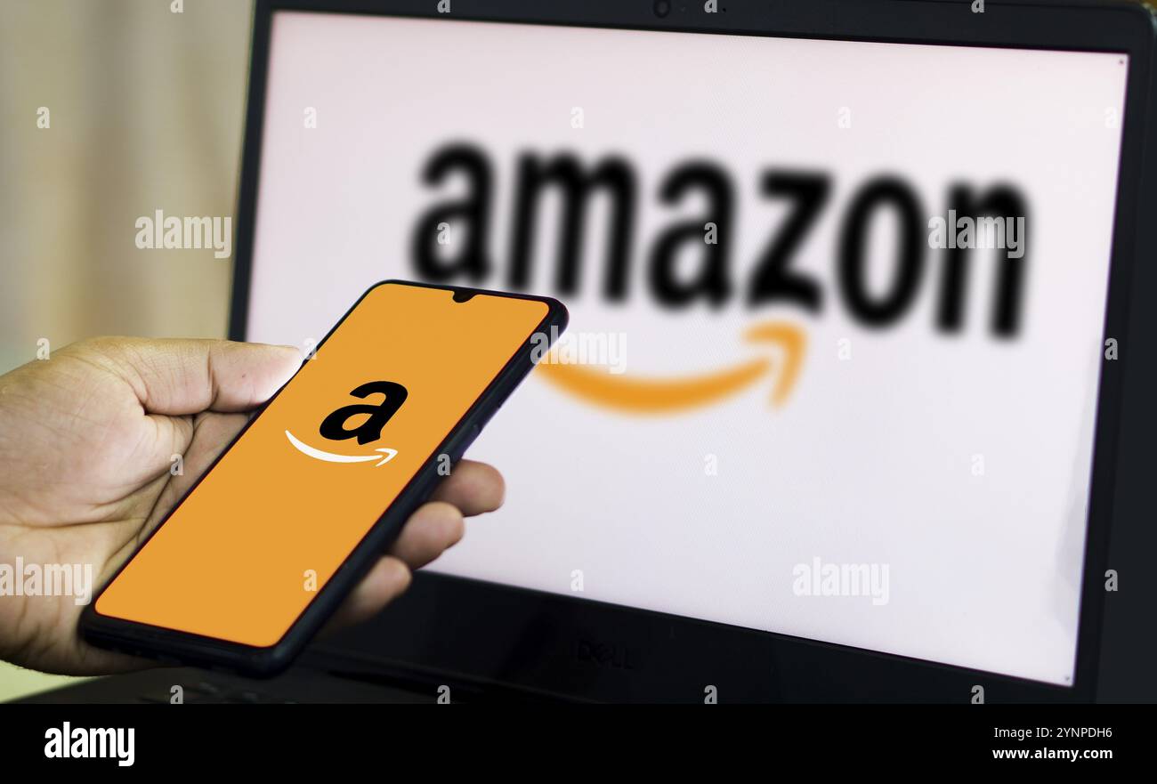 Amazon logo seen displayed on a smartphone Stock Photo - Alamy