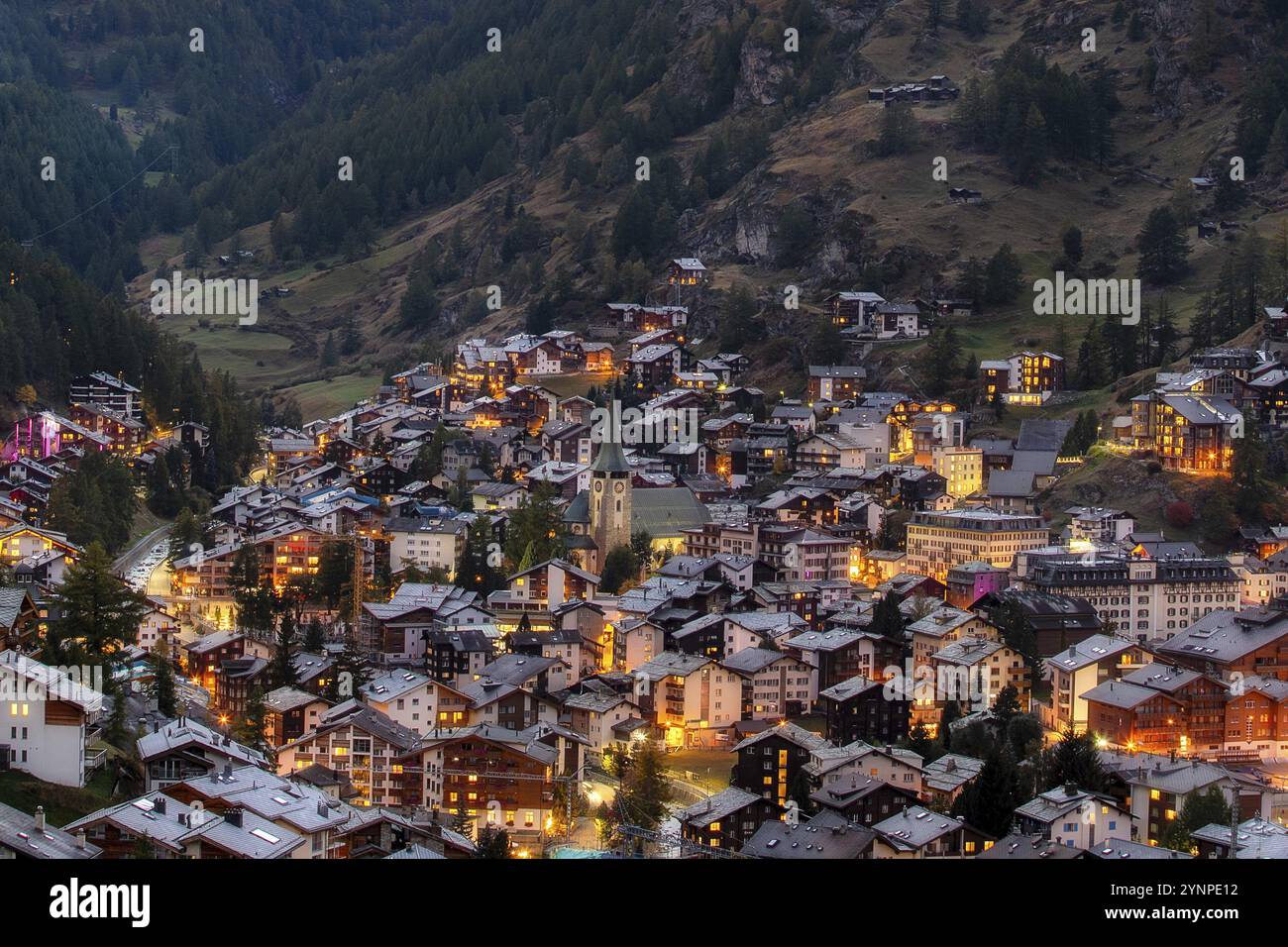 Zermatt, Switzerland aerial town view by night. Swiss Alps Stock Photo ...