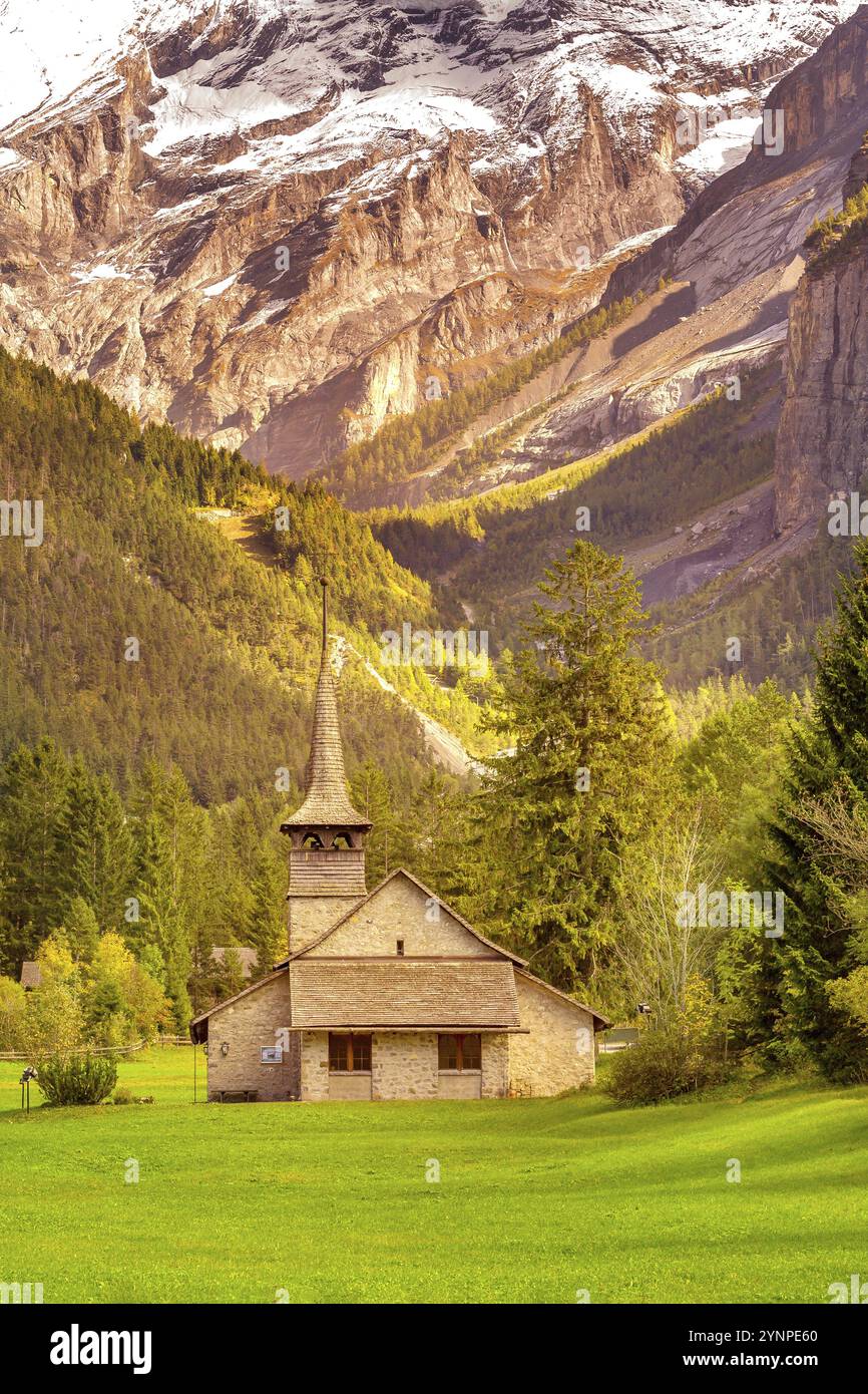 Sunset panorama of Kandersteg old church, Canton Bern, Switzerland ...