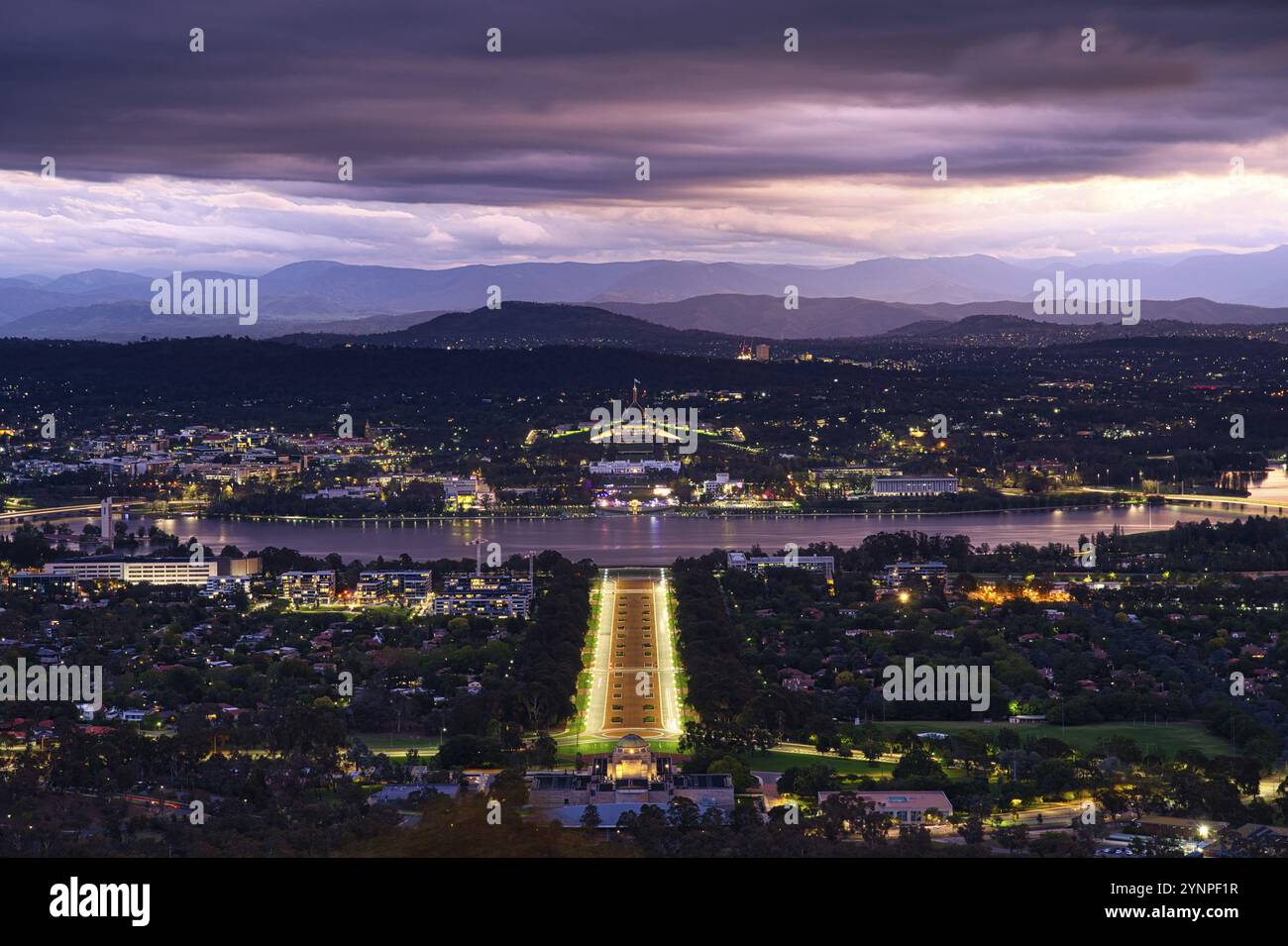 Canberra at night from Mount Ainslie Lookout and with the Anzac Parade ...