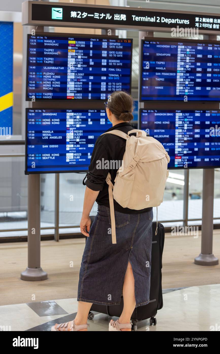Traveler checking flight schedules at Terminal departure board Stock ...