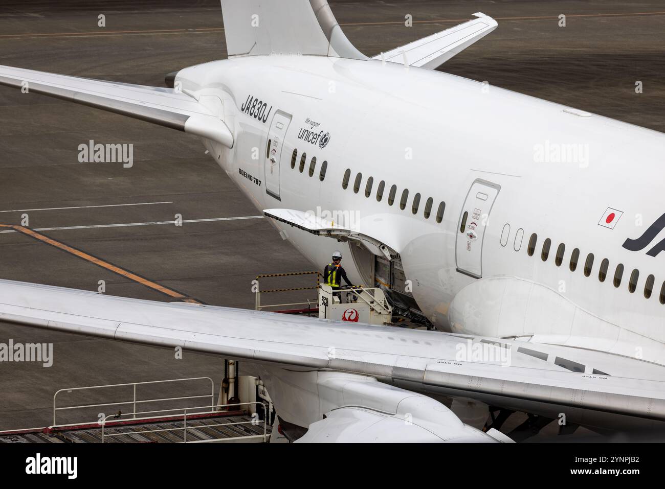 Cargo loading operation on an airplane with ground crew at the airport ...