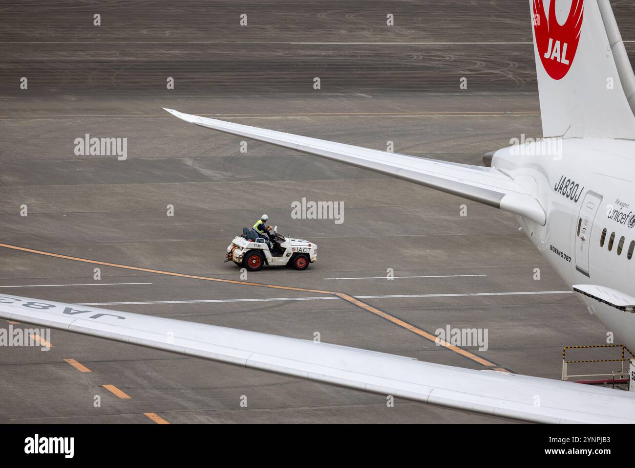 Ground support vehicle near a JAL airplane on the airport tarmac Stock ...